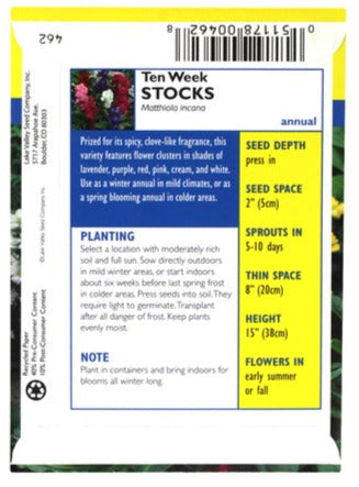 STOCKS TEN WEEK DWARF MIXED COLORS Heirloom – Prairie Blossom Nursery